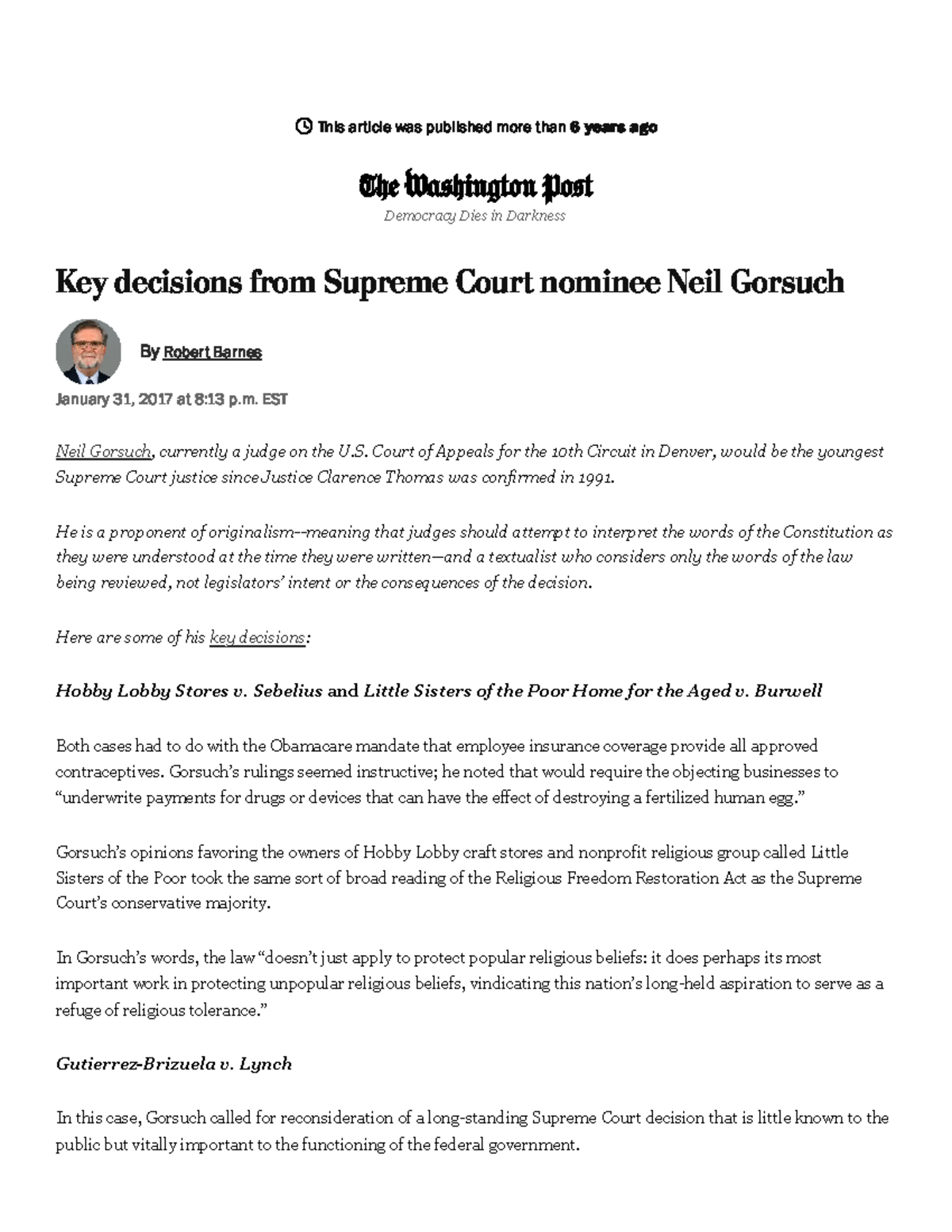 Key decisions from Supreme Court nominee Neil Gorsuch - The Washington ...