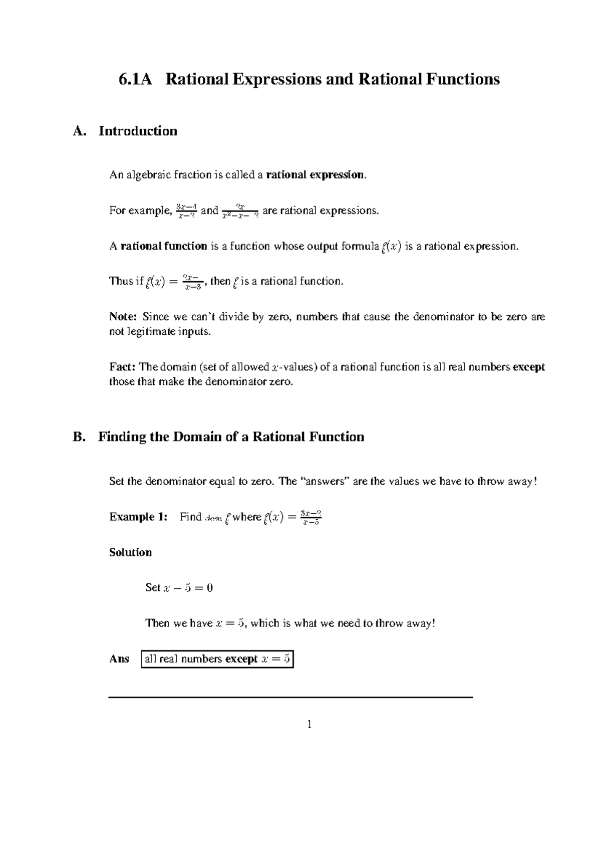 6.1A Rational Expressions and Rational Functions - Introduction An ...