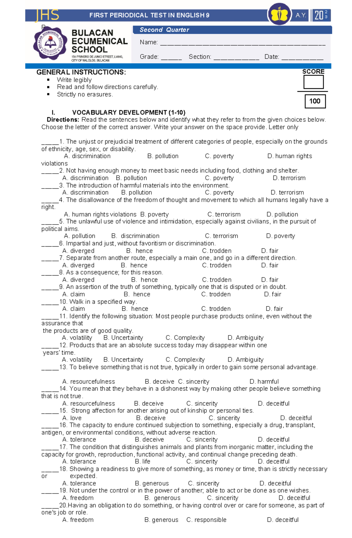2ND Grading Final - 2nd periodical exam - SCORE P I. VOCABULARY ...