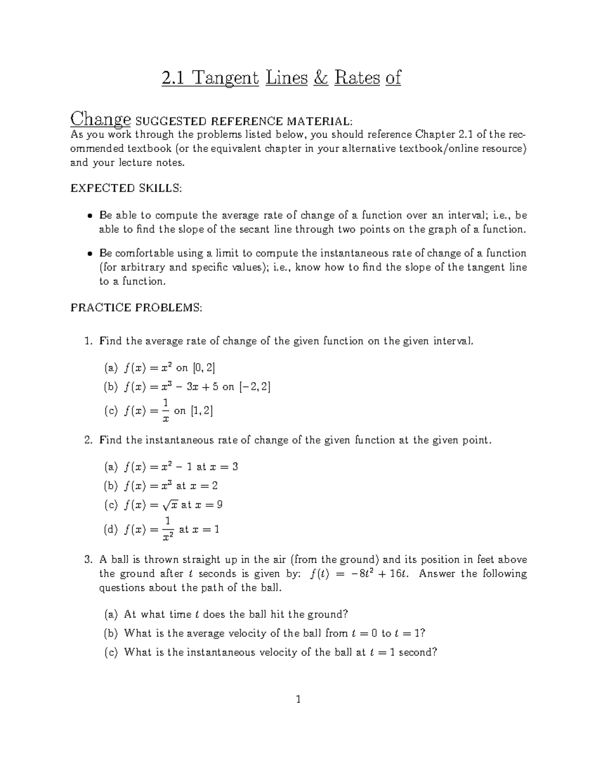Chapter 2 Practice Problems - 2 Tangent Lines & Rates of Change ...