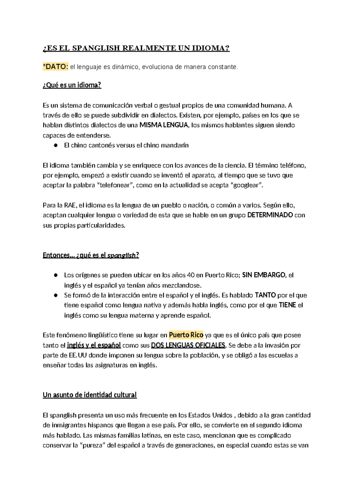 Resumen de los textos acerca del Spanglish - ¿ES EL SPANGLISH REALMENTE ...