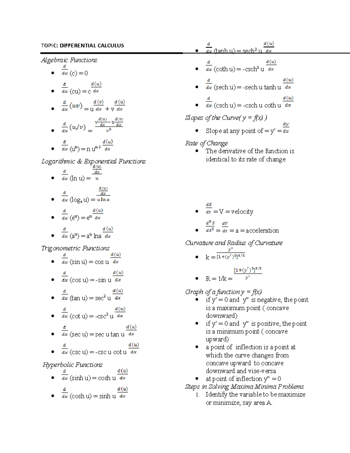 Diffcal - Math books - TOPIC: DIFFERENTIAL CALCULUS Algebraic Functions (c) = 0 (cu) = c = u ...