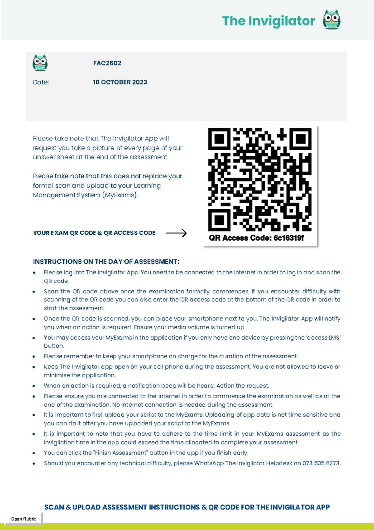 QR Code and Student Instruction document-FAC2602 - SCAN & UPLOAD ...