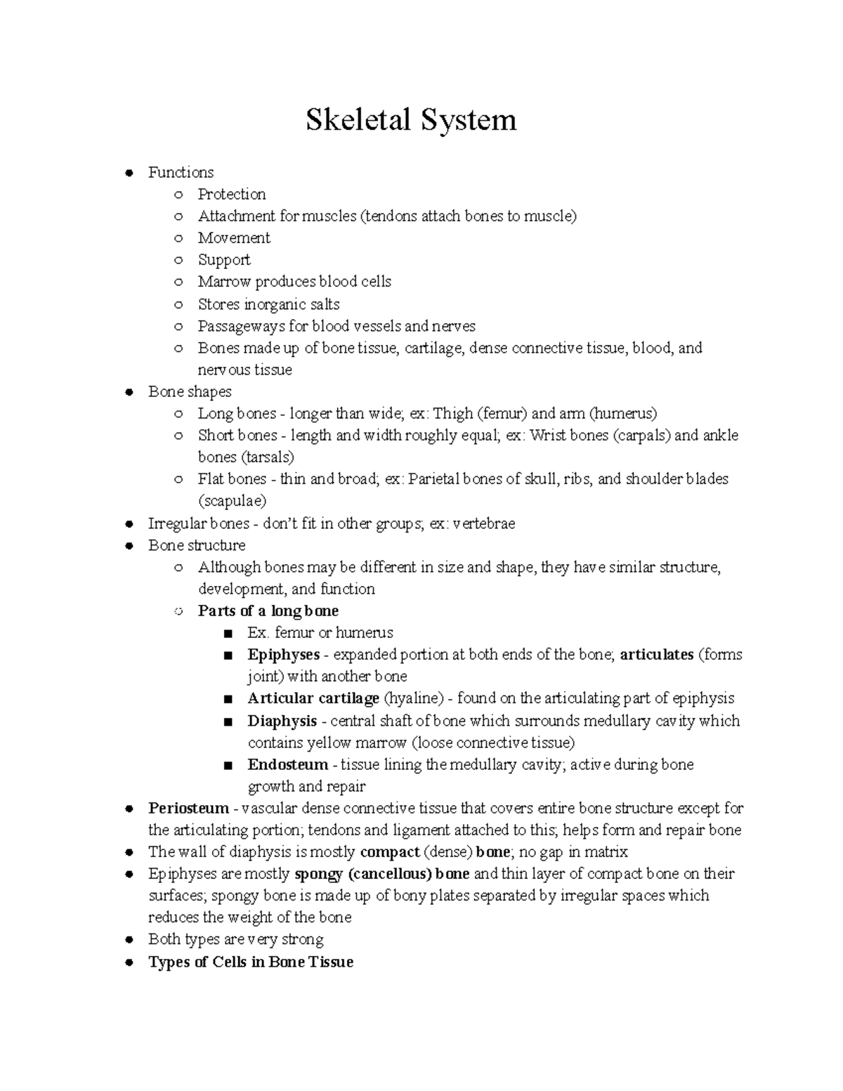 Skeletal System Notes - Skeletal System Functions Protection Attachment ...