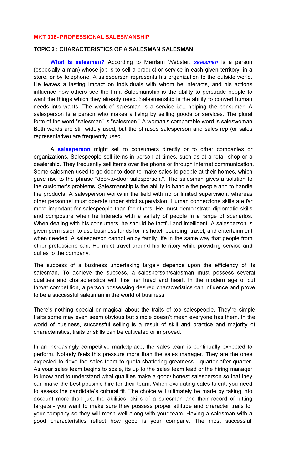 Topic 2 Characteristics OF A Salesman - MKT 3 06- PROFESSIONAL ...
