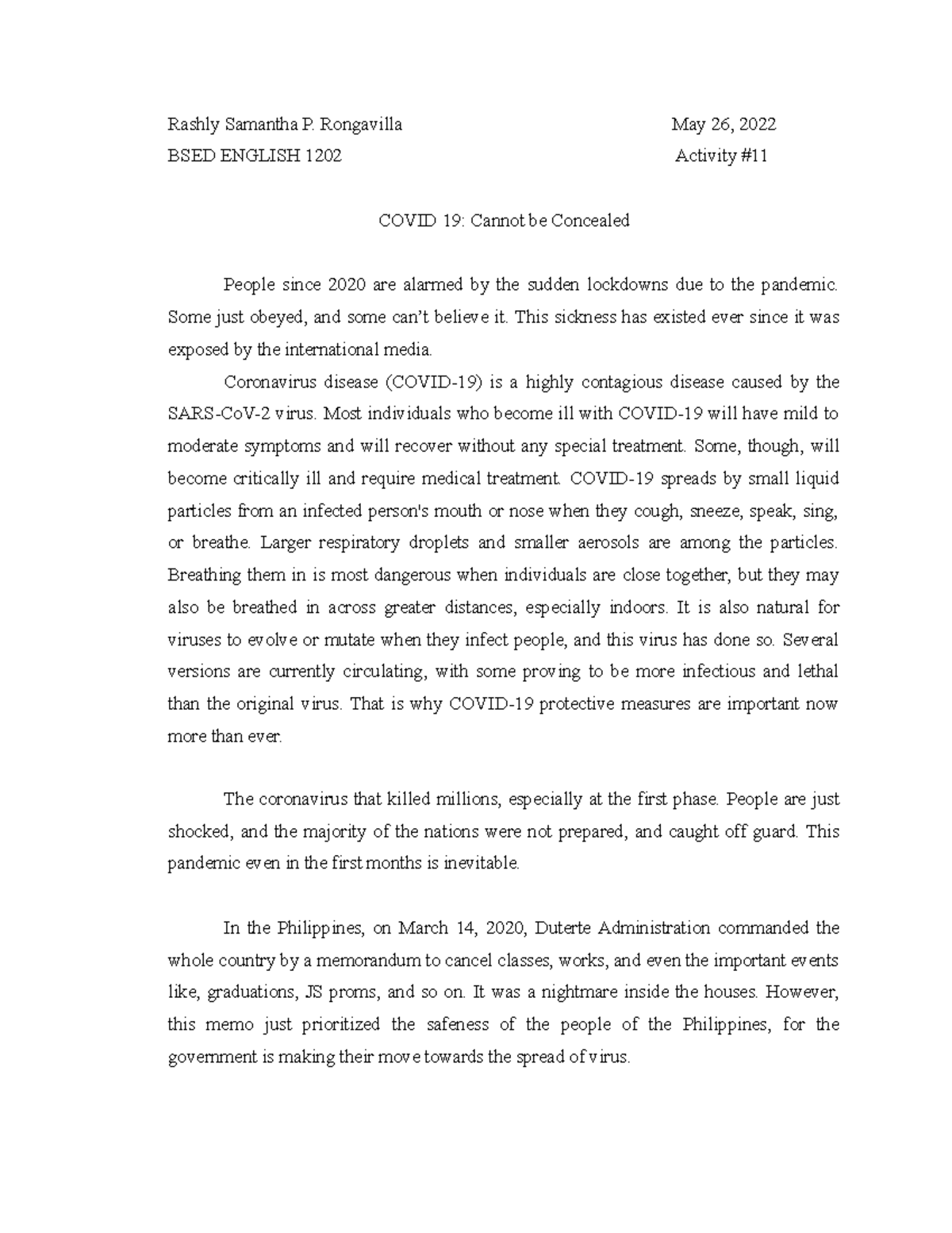 Covid-19 - essay in covid 19 - Rashly Samantha P. Rongavilla May 26 ...