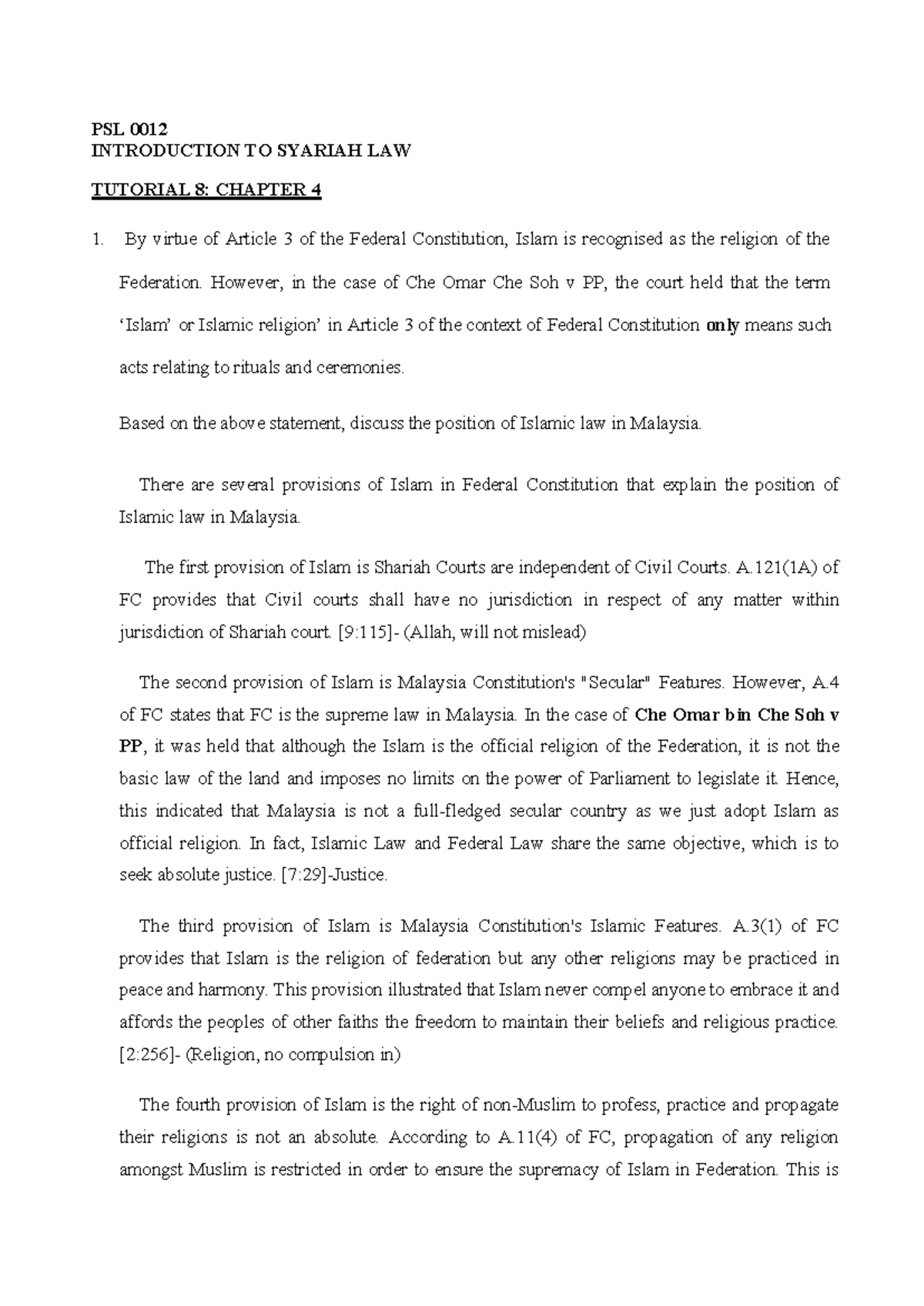 Tutorial 8 Syariah Law - PSL 0012 INTRODUCTION TO SYARIAH LAW TUTORIAL ...