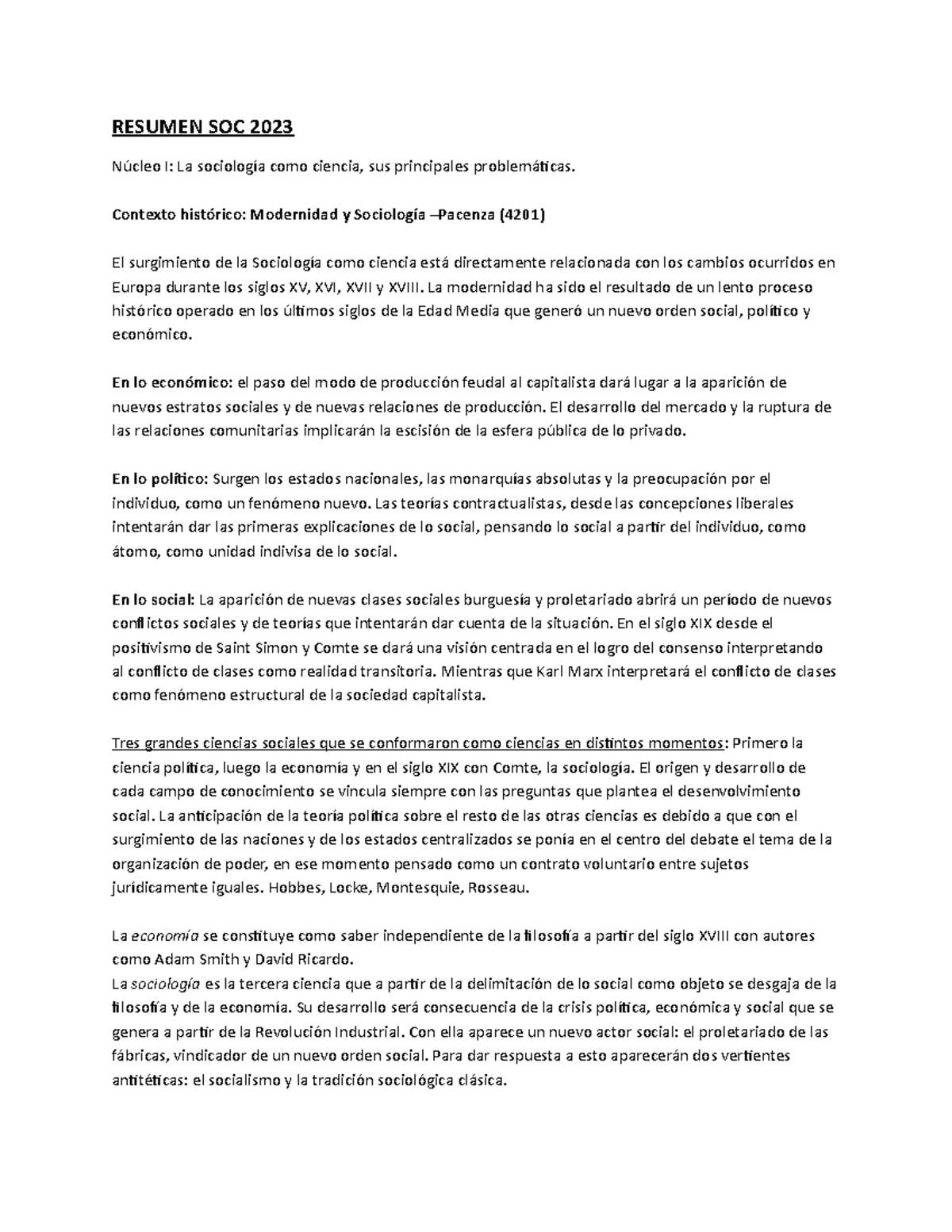 Resumen SOC 2023 - RESUMEN SOC 2023 Núcleo I: La sociología como ciencia, sus principales - Studocu