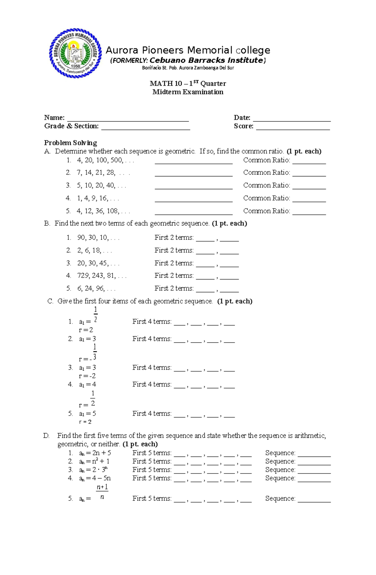 1st Quarter Math 10 Midterm Exam - Aurora Pioneers Memorial College ...
