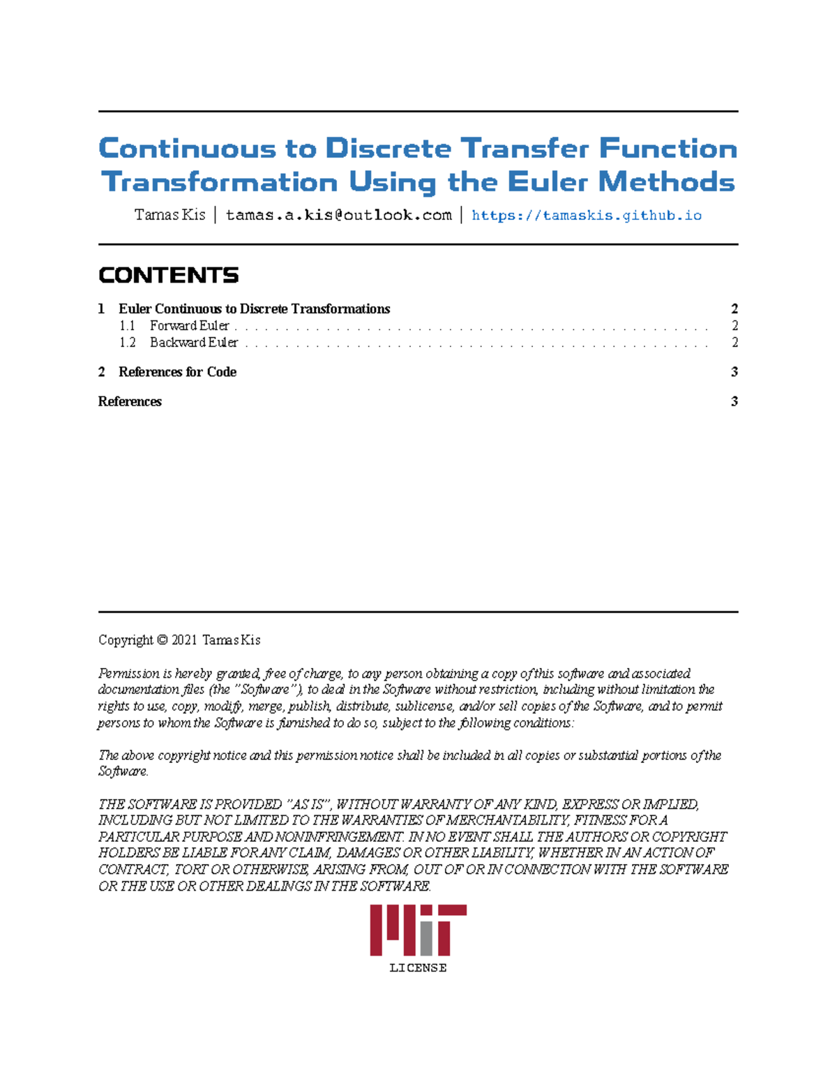 Continuous to Discrete Transfer Function Transformation Using the Euler ...