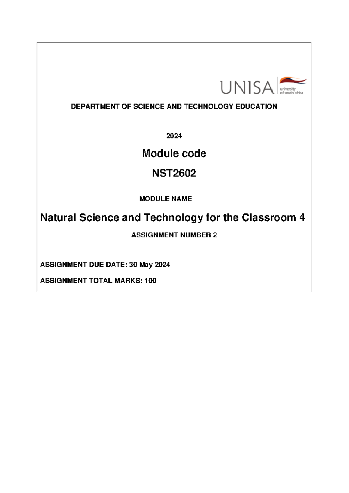 NST2602 Assignment 2 2024 - DEPARTMENT OF SCIENCE AND TECHNOLOGY ...