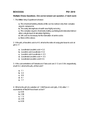 PS 2 - Practice set 2 - BCH2333A PS 2 2019 Multiple Choice Questions ...
