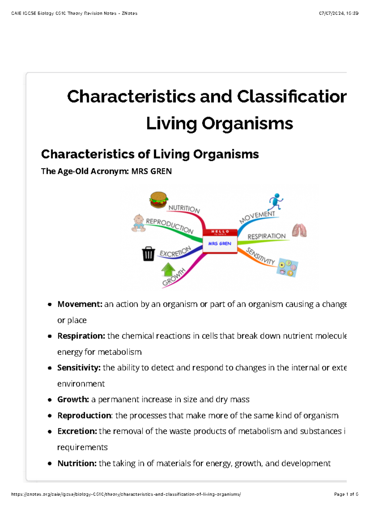 Bio - 1 - Characteristics and Classification of Living Organisms ...