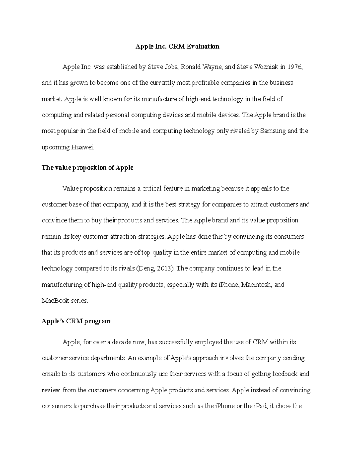 Apple Inc CRM evaluation - Apple Inc. CRM Evaluation Apple Inc. was ...