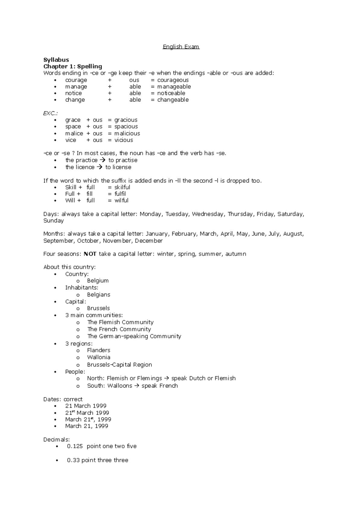 English 1 Exam Summary English Exam Syllabus Chapter 1 Spelling