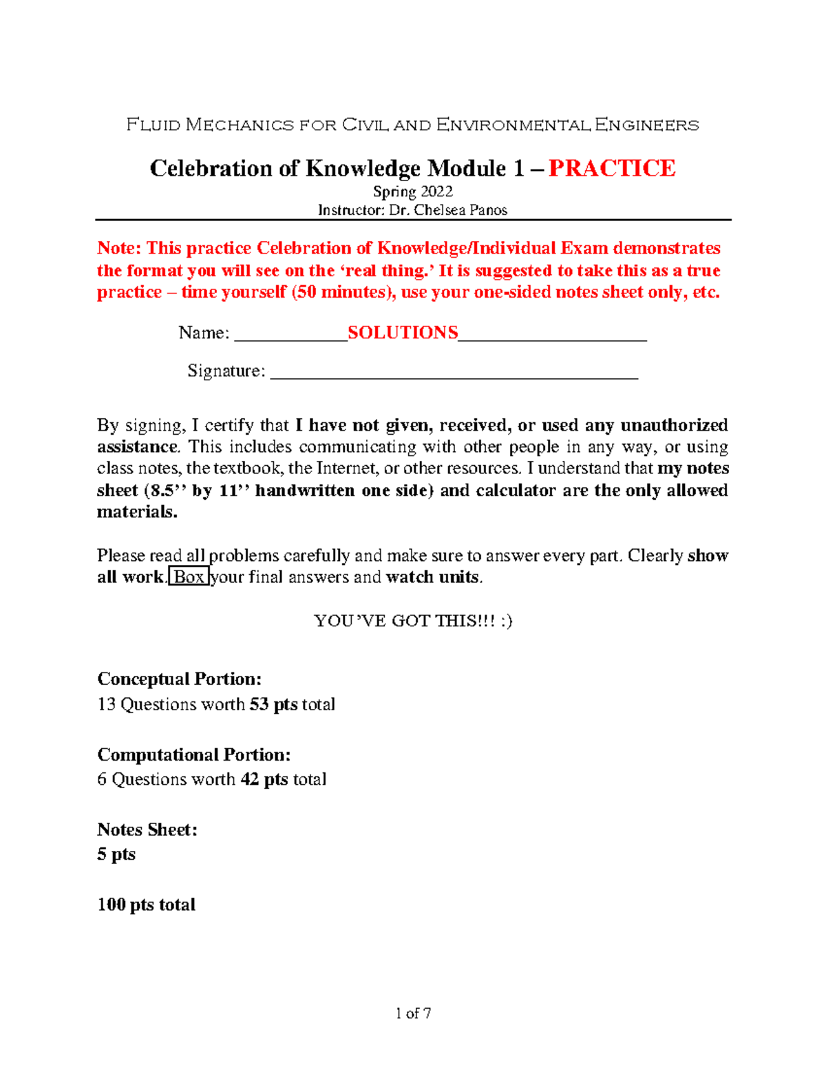 CEEN 310 S22 Celebration of Knowledge Module 1 Practice - Solutions ...