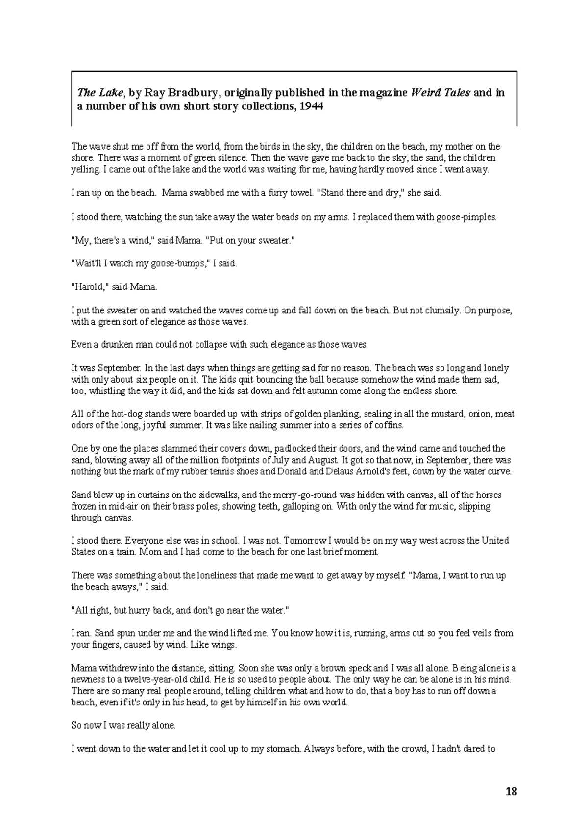 Imaginative Writing Sample Booklet - The Lake, by Ray Bradbury ...