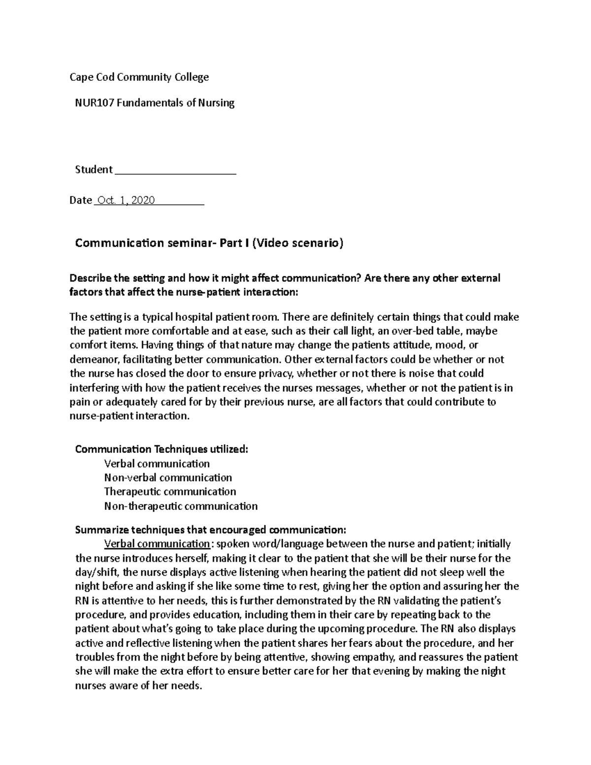 Theraputic Communication Seminar Assignment - Cape Cod Community ...