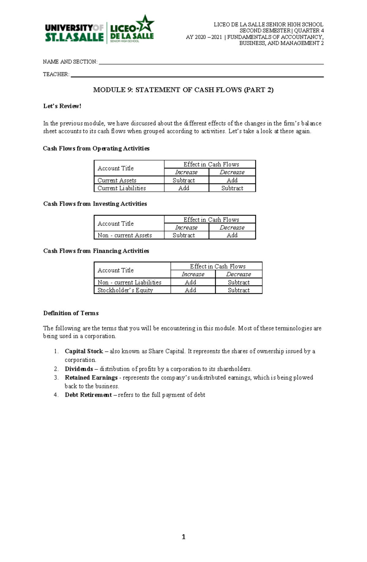 Module 9 Statement of Cash Flows Part 2 - SECOND SEMESTER | QUARTER 4 ...