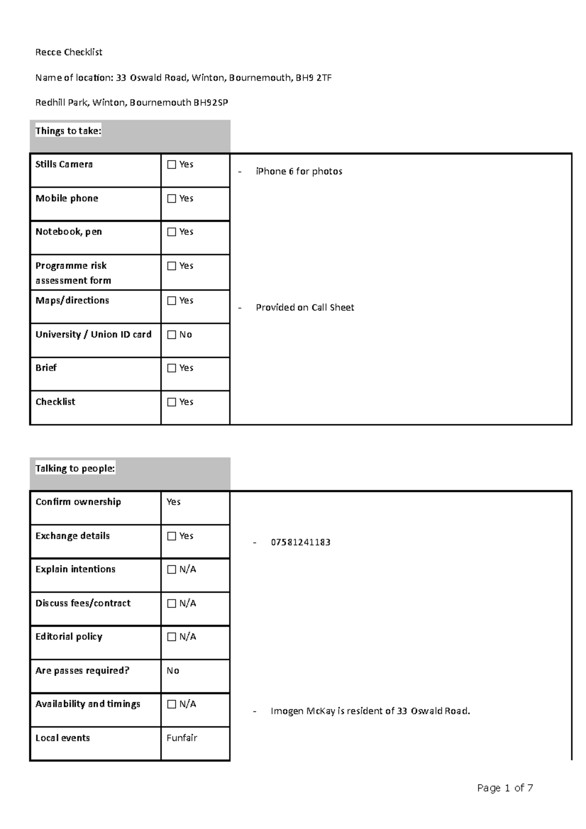 33 Oswald Road Redhill Park - Recce Checklist Name of location: 33 ...