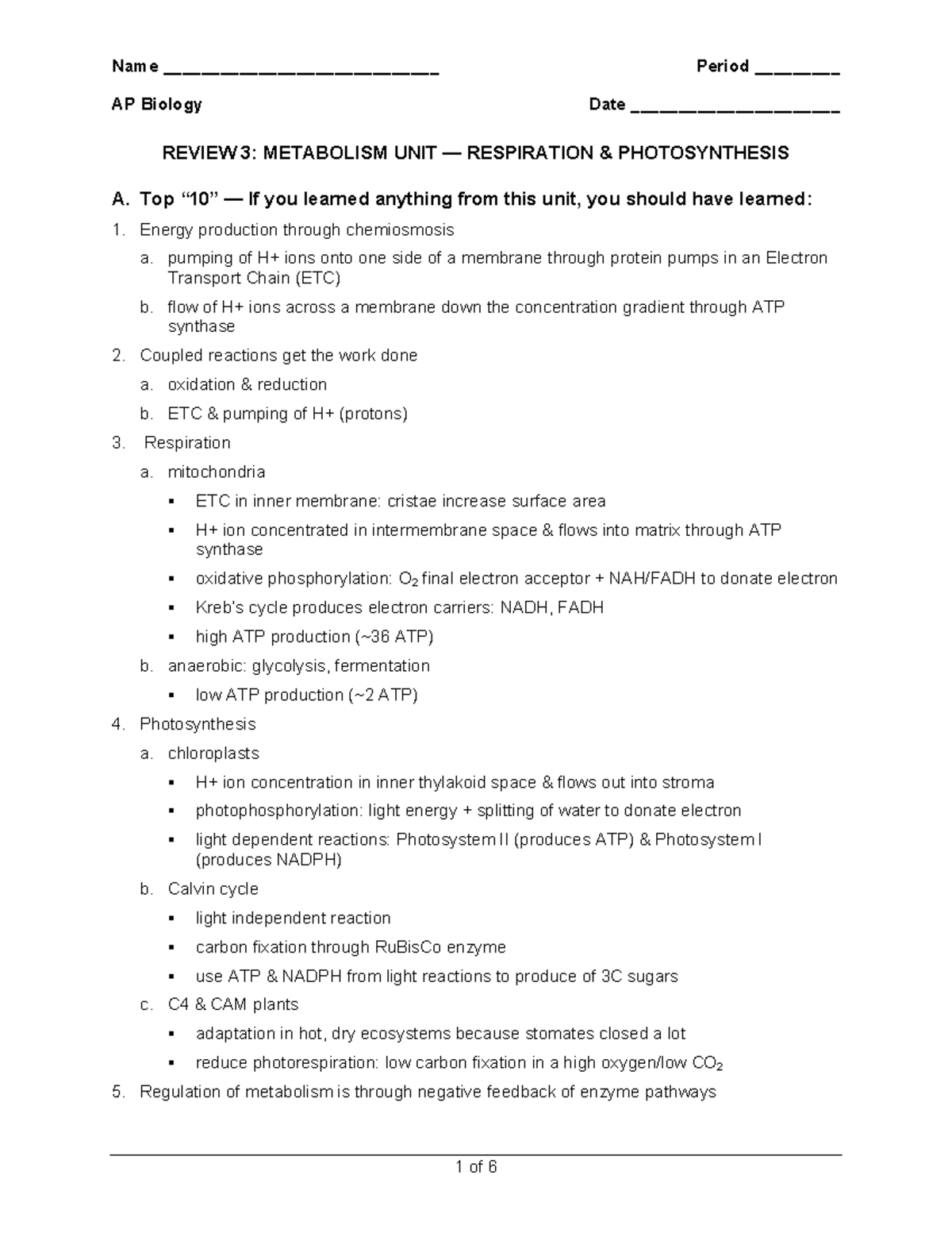 3-Metabolism Review - lectures notes - Name ...