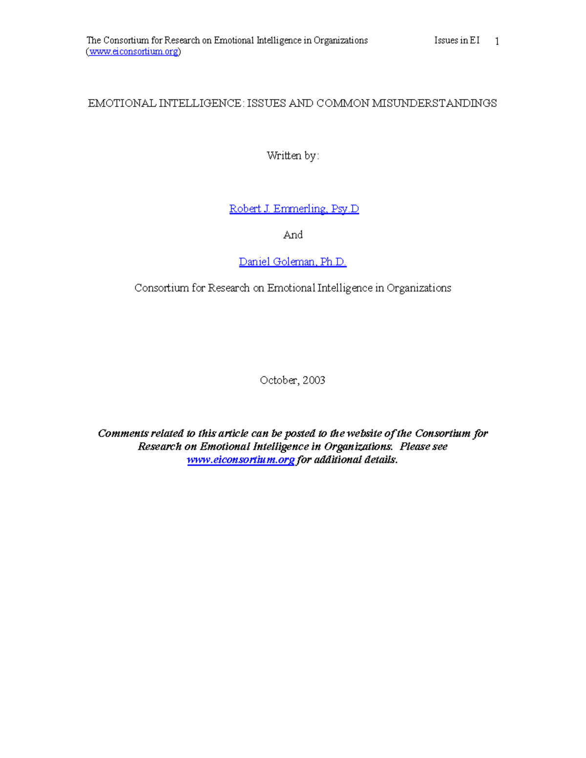 EI Issues And Common Misunderstandings - 1 EMOTIONAL INTELLIGENCE ...