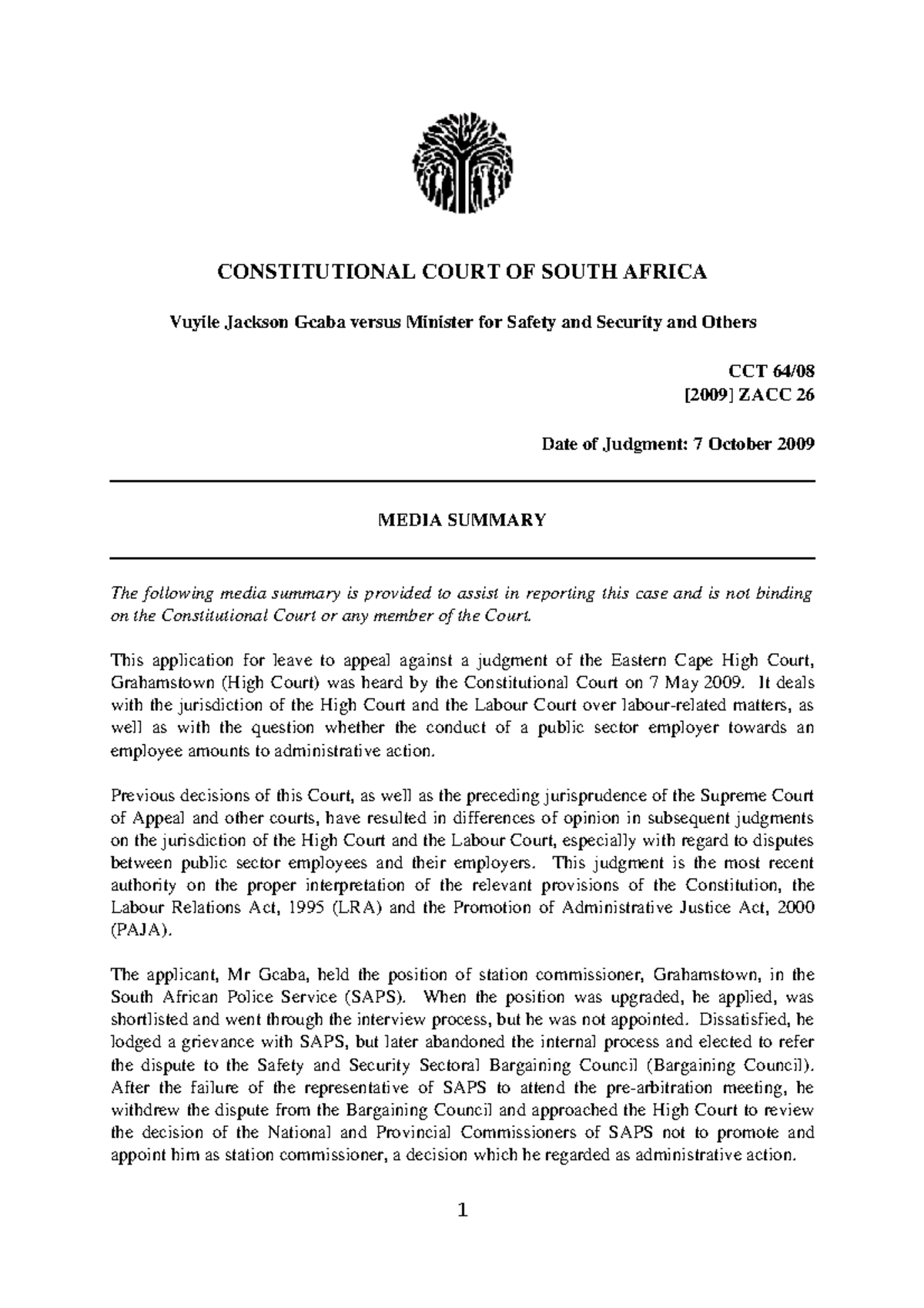 Case - Gcaba (SAPS - Labour) - CONSTITUTIONAL COURT OF SOUTH AFRICA ...
