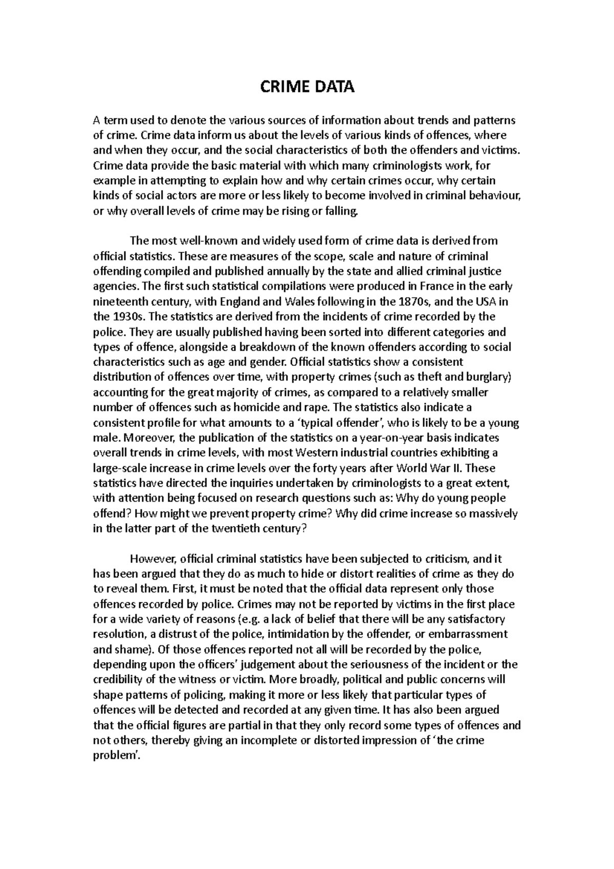 Crime DATA - A term used to denote the various sources of information ...