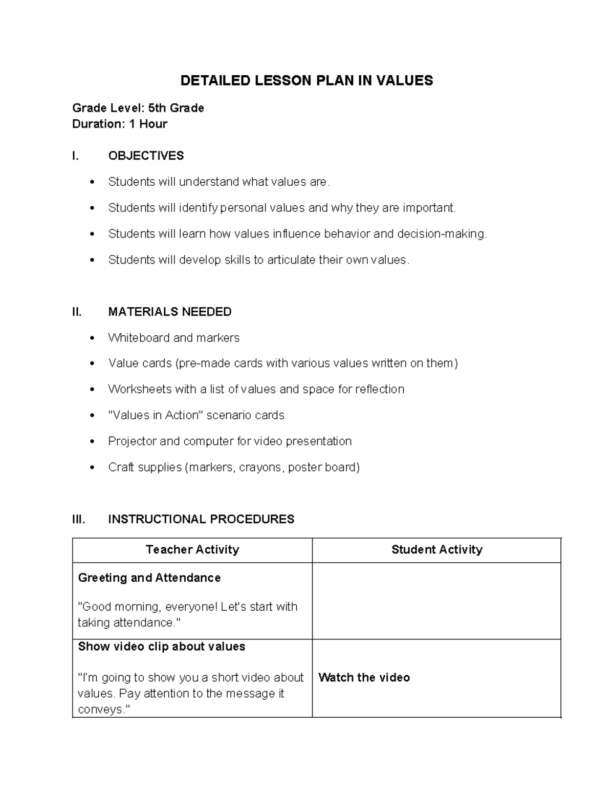 Detailed Lesson PLAN IN Values Teresita Manzon - DETAILED LESSON PLAN ...