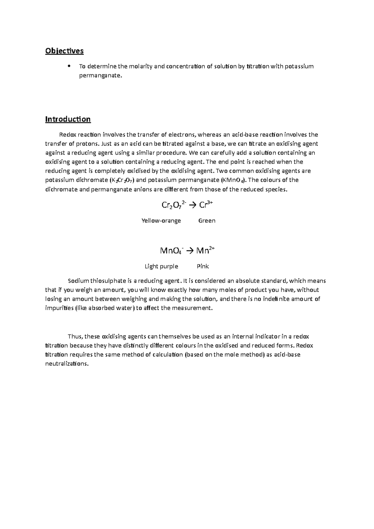 Experiment 5 - Objectives To determine the molarity and concentration ...