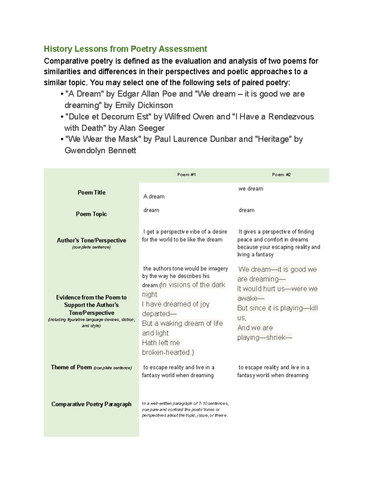 History Lessons from Poetry Assessment - History Lessons from Poetry ...