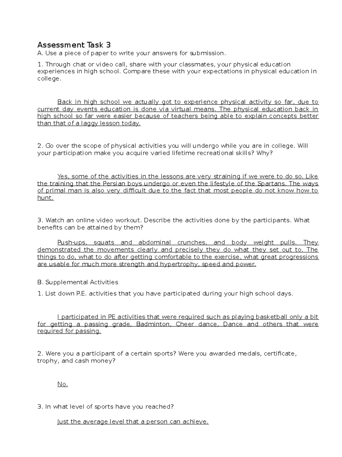 Assessment Task 3 PE - Assessment Task 3 A. Use a piece of paper to ...