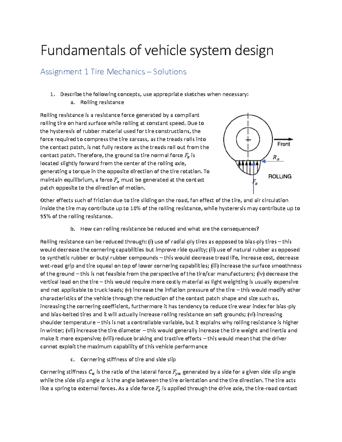 MECH447 Fall 2023 Assignment 1 Solution - Fundamentals of vehicle ...