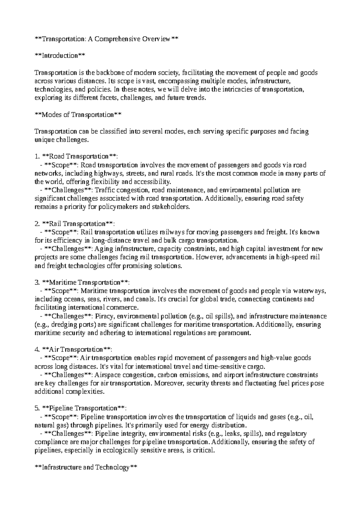 OBS 114 Self created notes - Transportation: A Comprehensive Overview ...