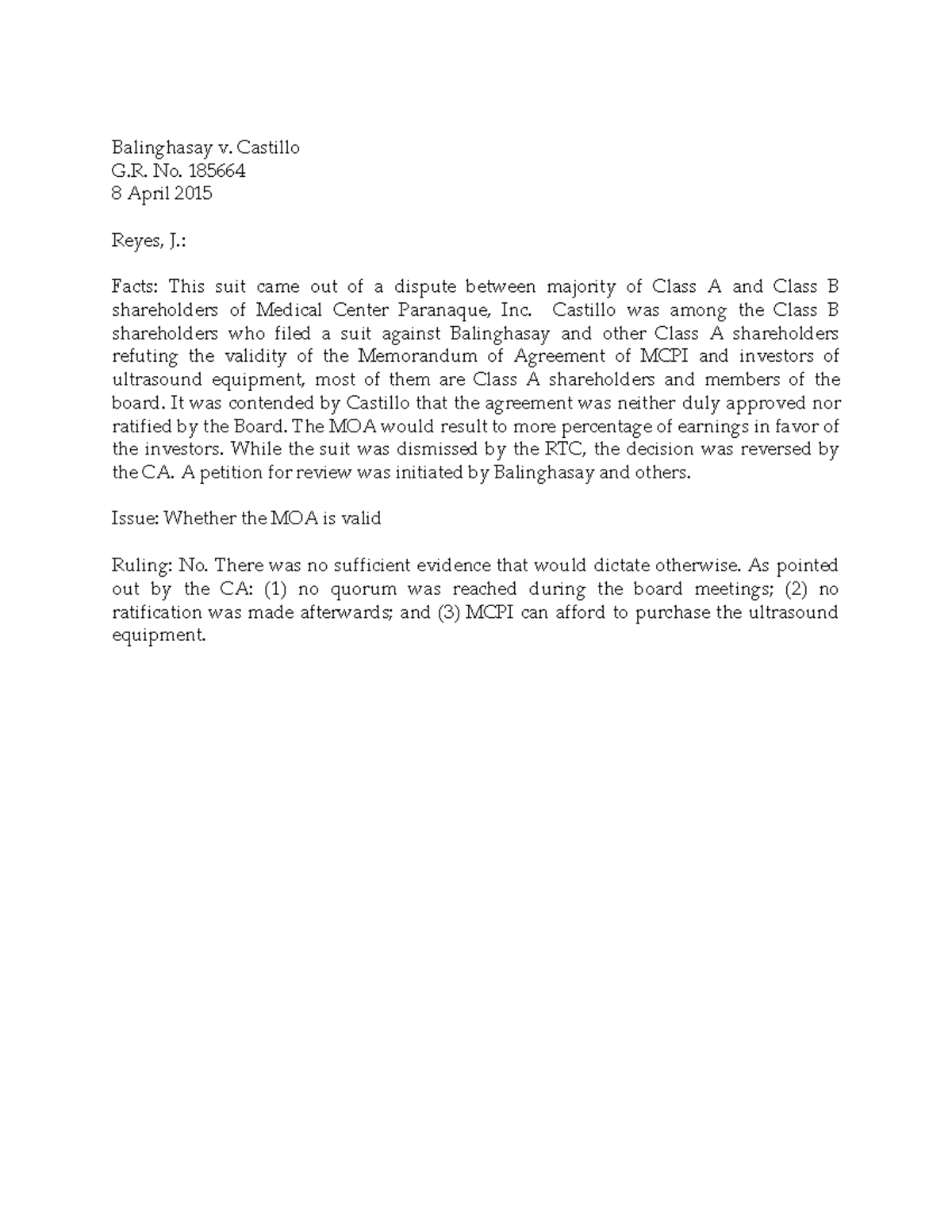 Legal Medicine Cases - Balinghasay v. Castillo G. No. 185664 8 April ...