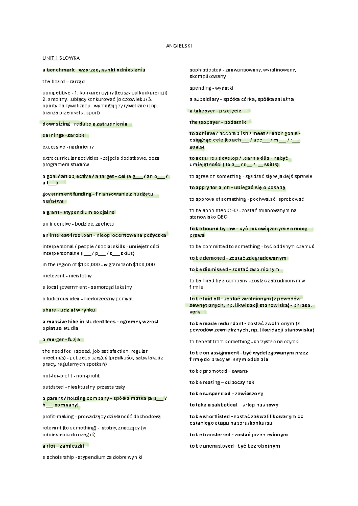 Angielski-wszystko B2+ - ANGIELSKI UNIT 1 SŁÓWKA a benchmark - wzorzec, punkt odniesienia the ...