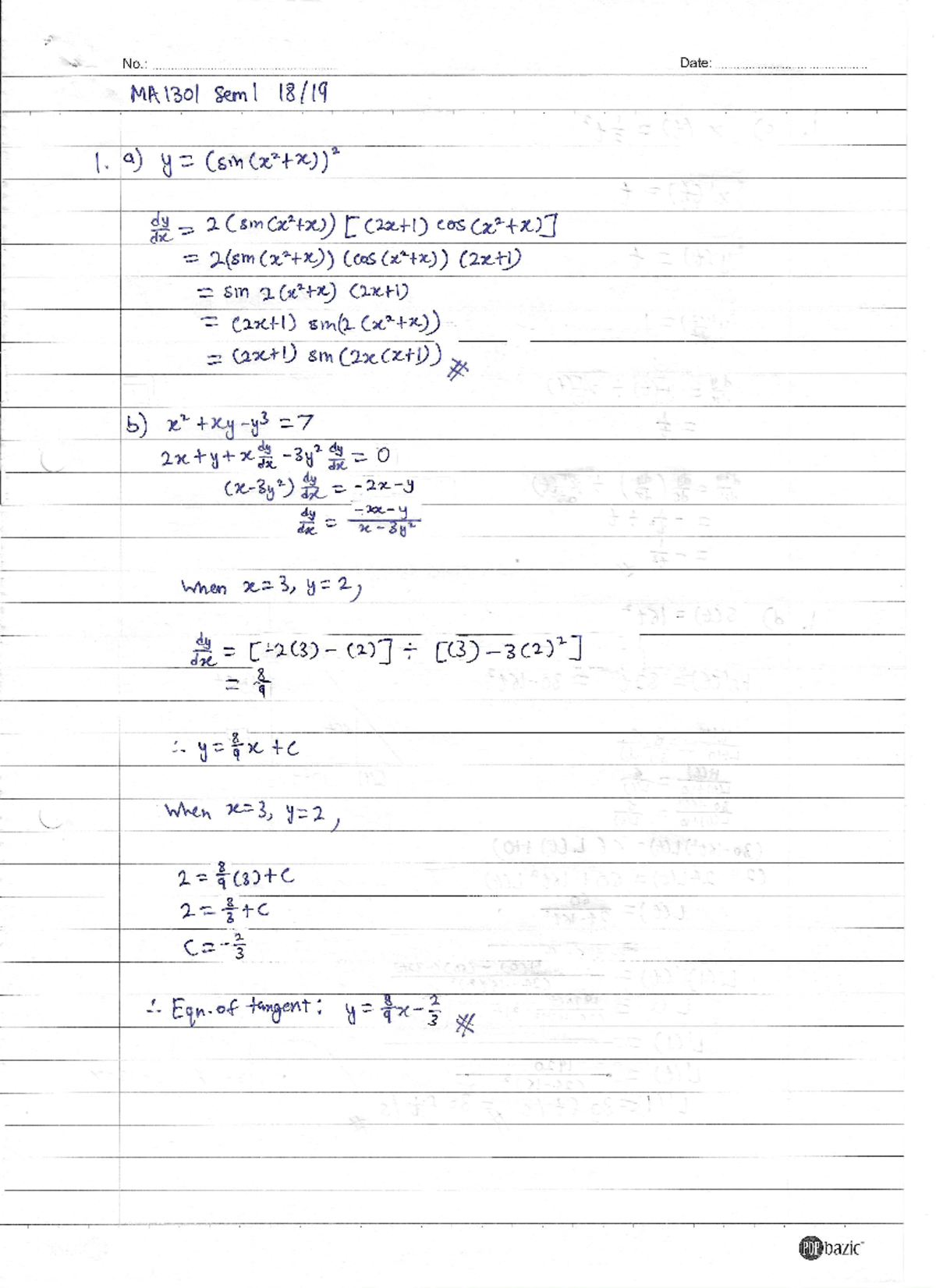 MA1301 1819 Sem1 Solutions - No.: Date: MA 1301 sem 1 18/19 1. a) y= (sin dy dx = 2 (sm(x2 ...