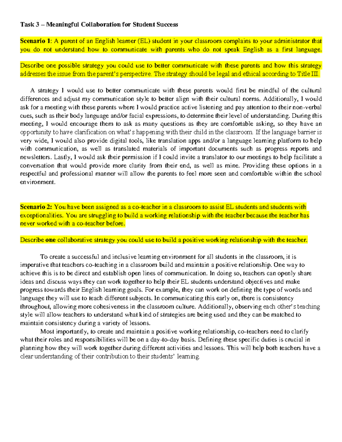 D096 Task 3 - Meaningful Collaboration for Student Success - Task 3 ...