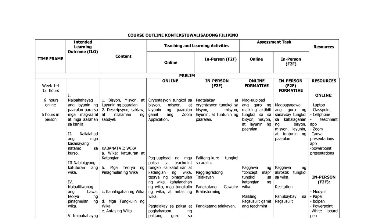 Course Outline Kontekstuwalisadong Filipino - COURSE OUTLINE ...