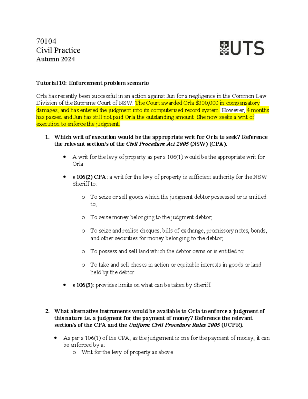2024 Aut. CP Tutorial 10 Enforcement problem scenario - 70104 Civil ...