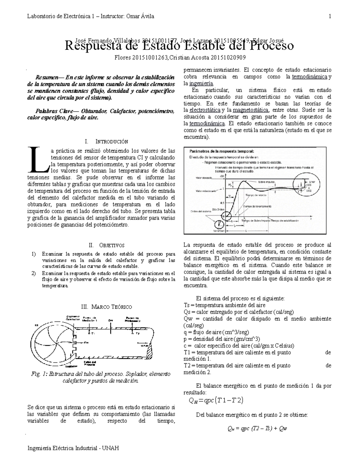Respuesta de Estado Estable del Proceso - Resumen— En este informe se ...