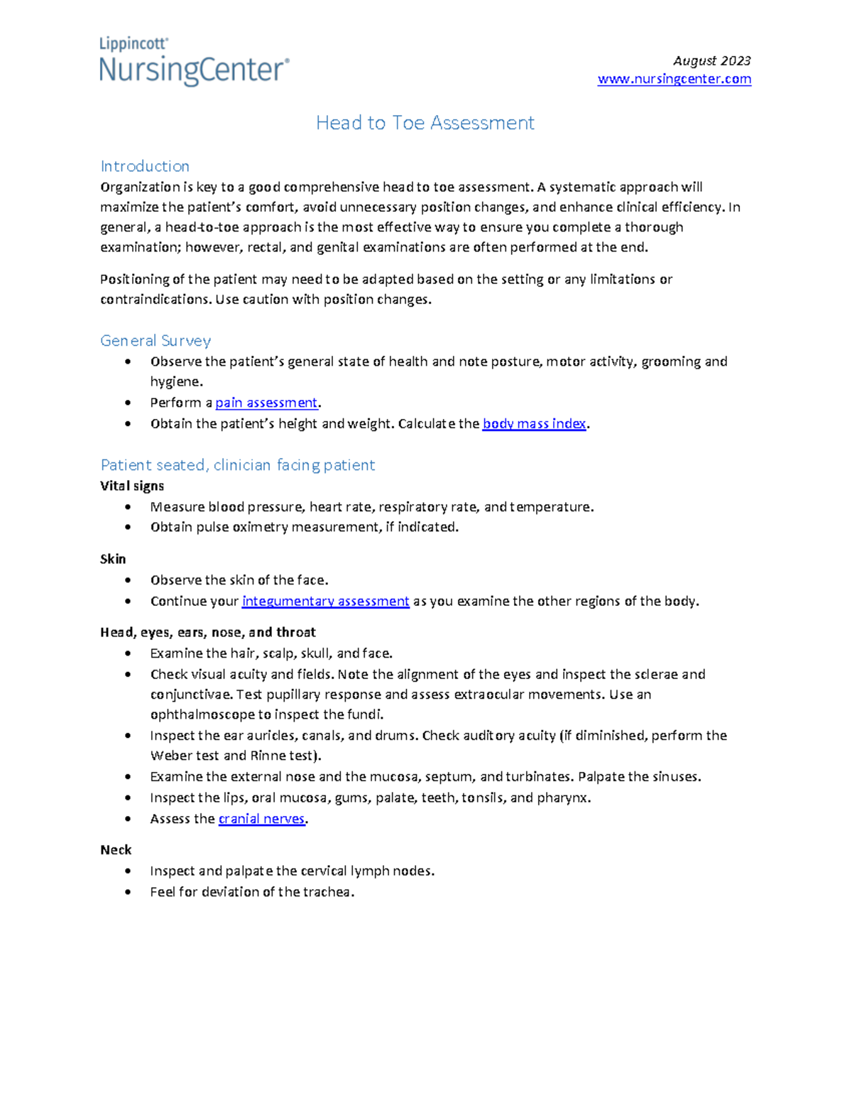 Head To Toe Notes for Health Assessment - August 2023 nursingcenter ...