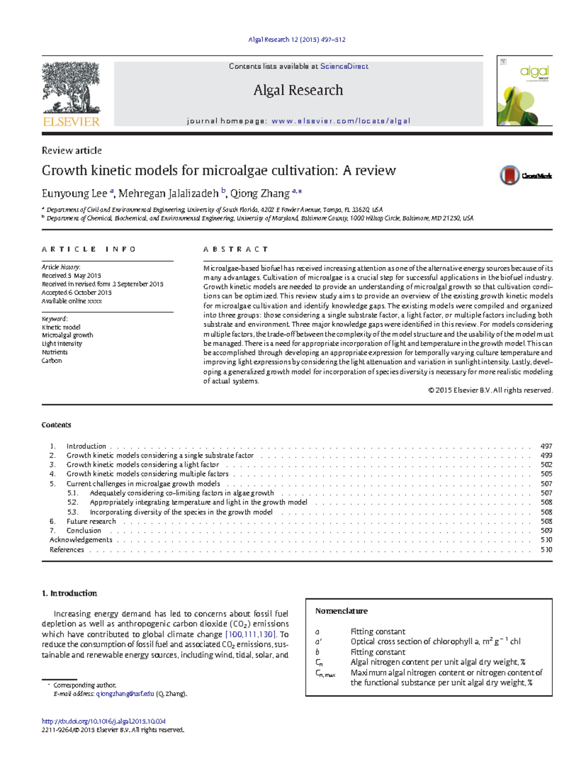Growth kinetic models for microalgae cultivation - A review ...