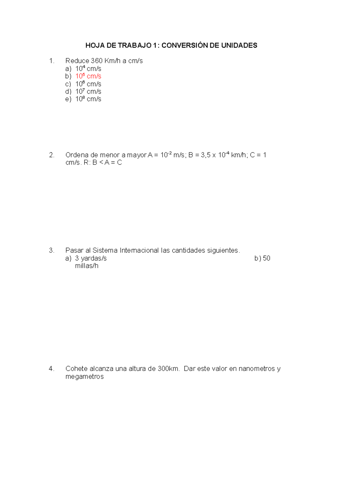 AE HOJA DE Trabajo 1 Conversión DE Unidades(1) - HOJA DE TRABAJO 1 ...