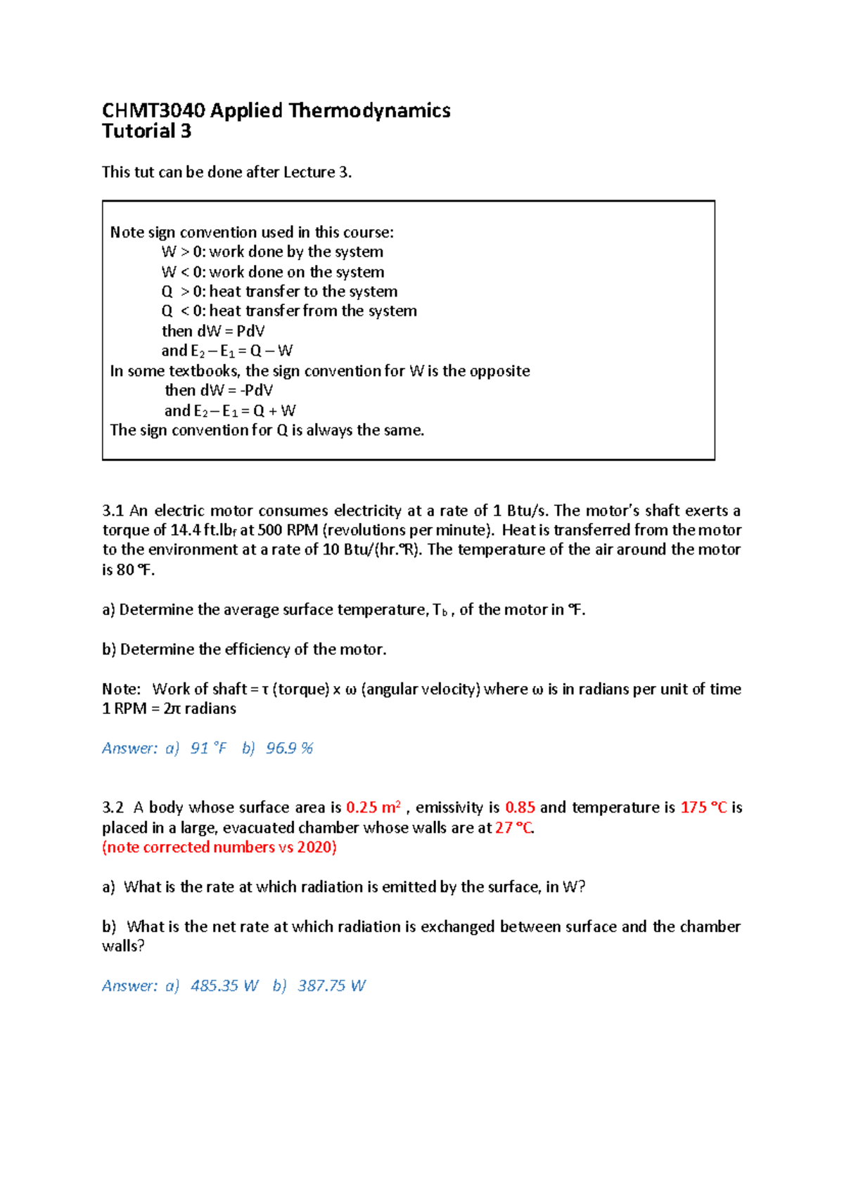 Tutorial 3 - CHMT3040 Applied Thermodynamics Tutorial 3 This tut can be done after Lecture 3 ...