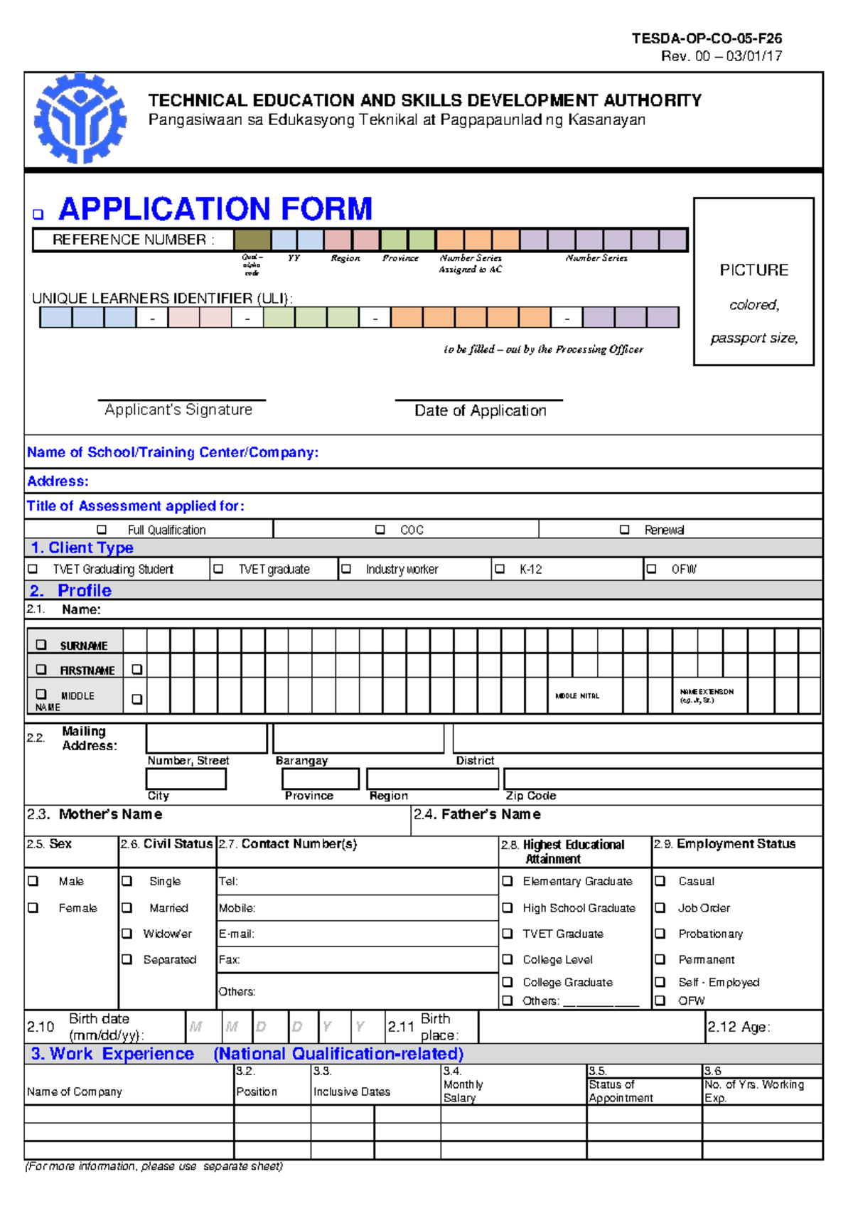 Application Form - REVIEW - TESDA-OP-CO- 05 - F Rev. 00 – 03/01/1 7 ...