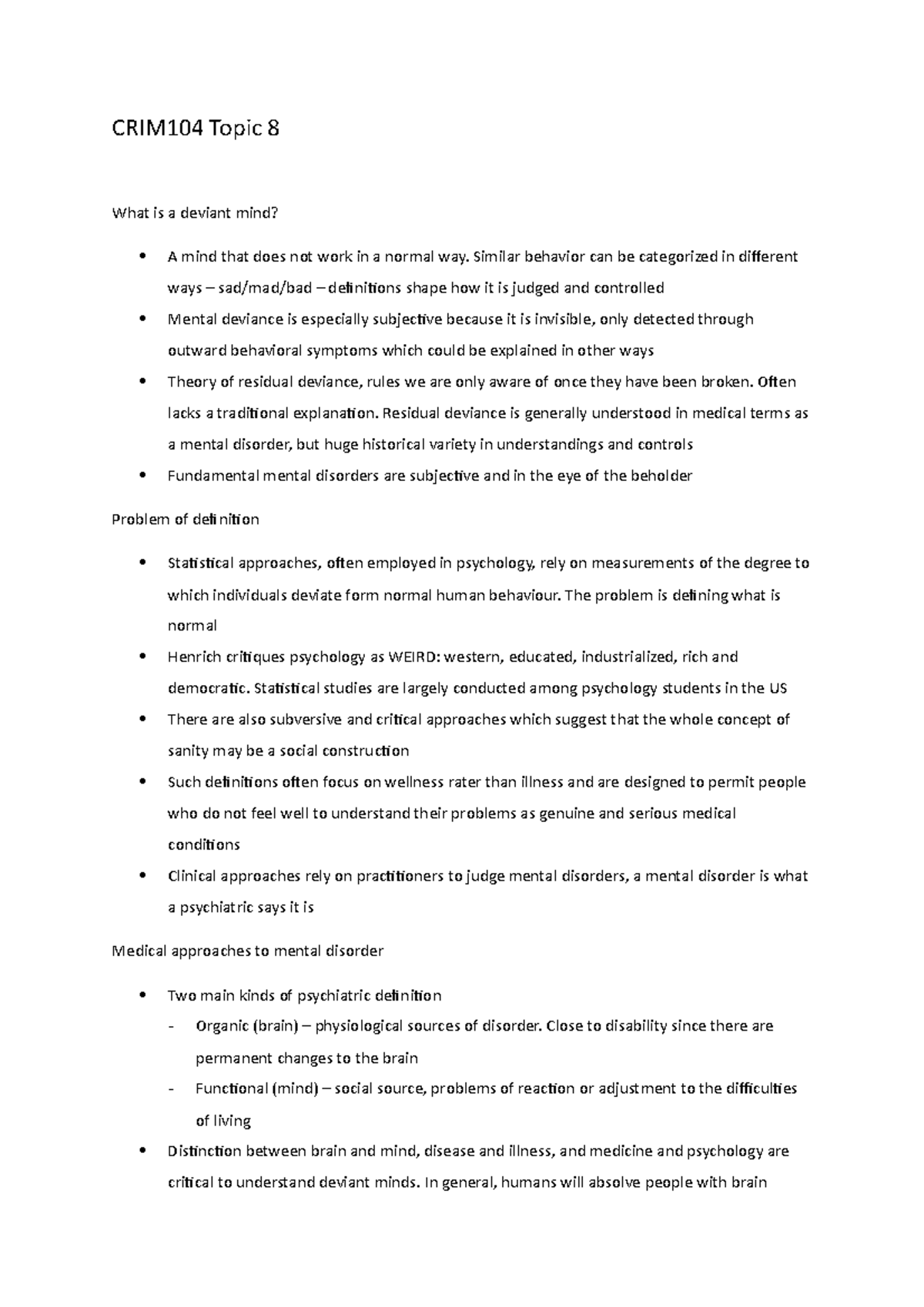 CRIM104 Topic 8 - A deviant mind - CRIM104 Topic 8 What is a deviant ...