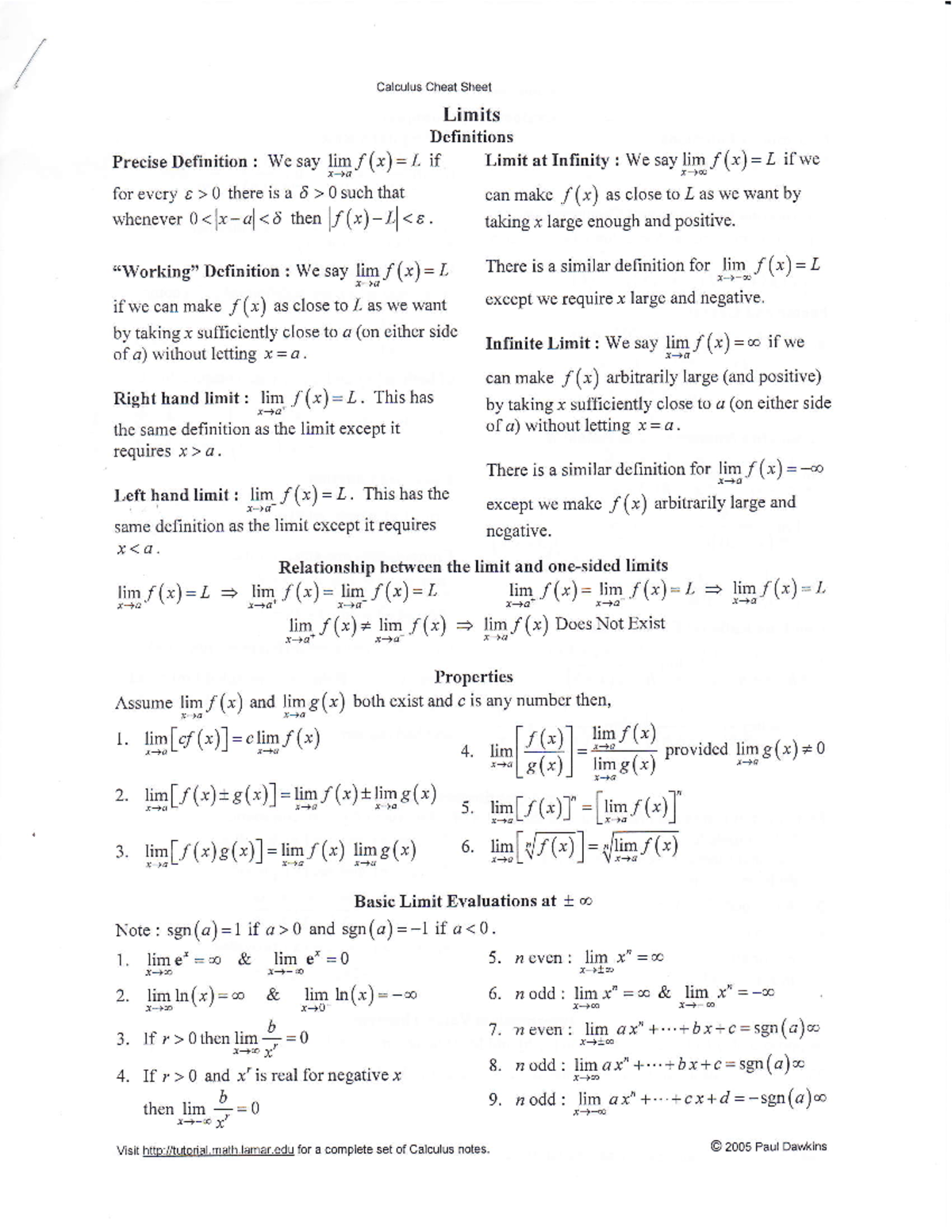 Calculus Formula Sheet - ,ln'#,lti,. Precise Definition : We say lyf ...