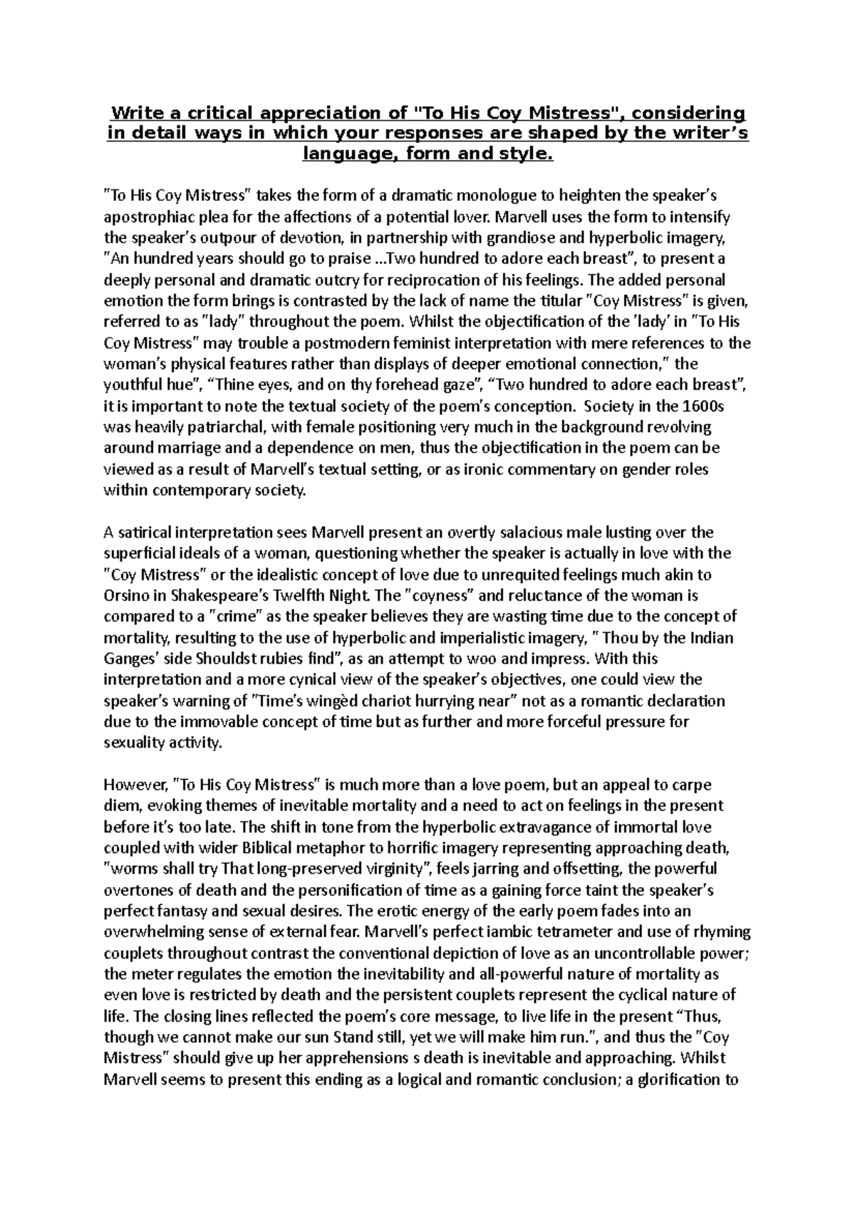 To His Coy Mistress - Write a critical appreciation of "To His Coy ...