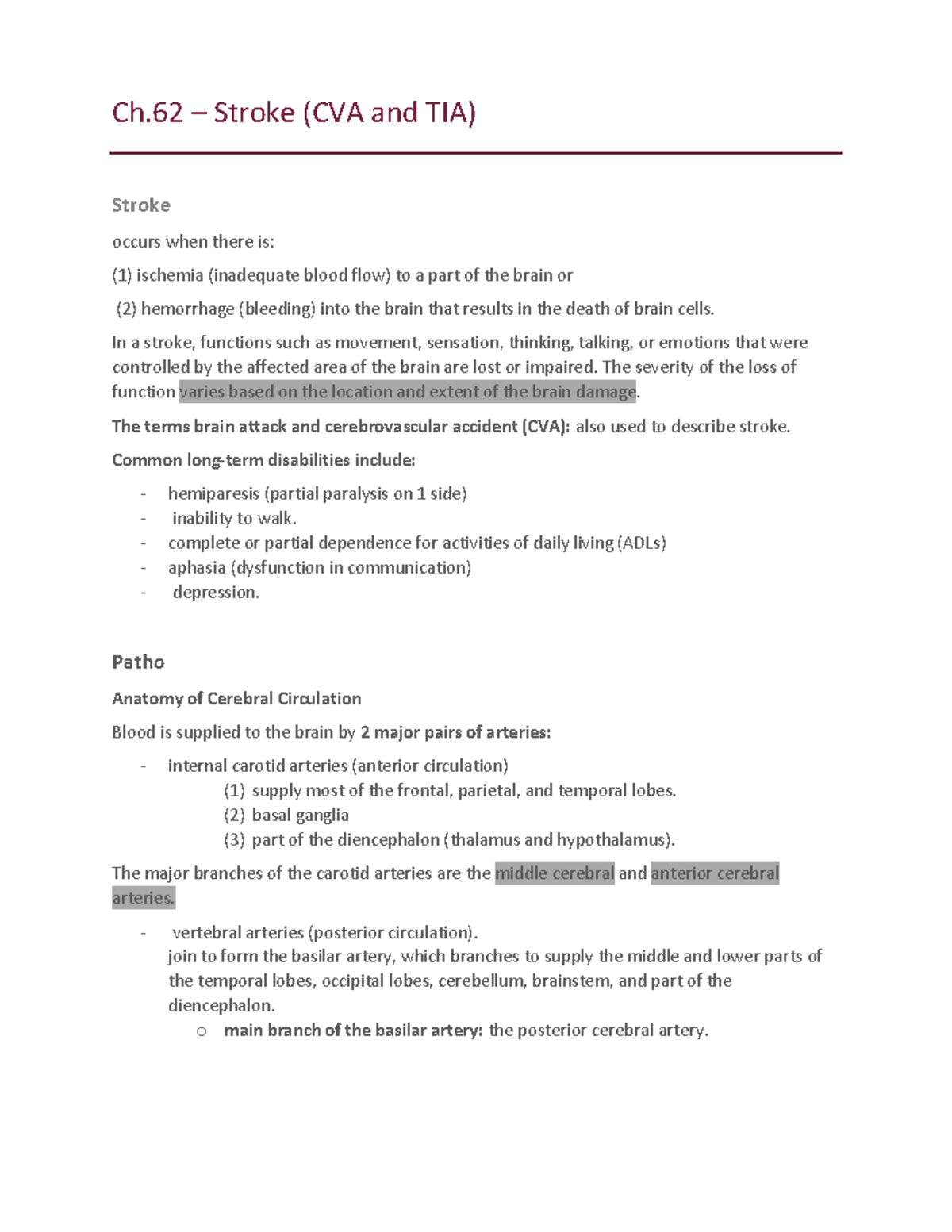 Chapter 62 - CVA/TIA - Ch – Stroke (CVA and TIA) Stroke occurs when there is: (1) ischemia - Studocu